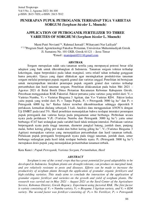 (PDF) PENERAPAN PUPUK PETROGANIK TERHADAP TIGA VARIETAS SORGUM (Sorghum ...
