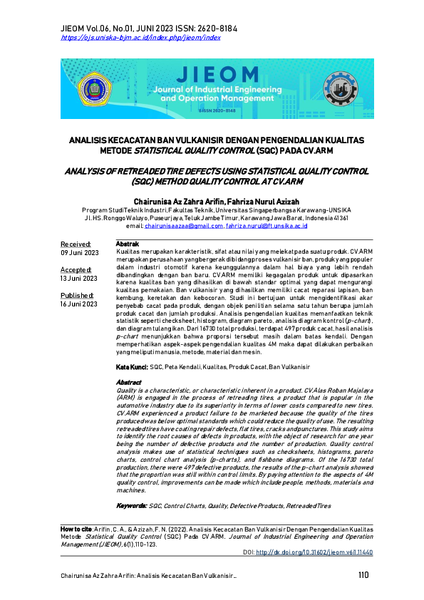 (PDF) Analisis Kecacatan Ban Vulkanisir Dengan Pengendalian Kualitas Metode Statistical Quality ...