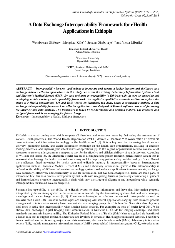 (PDF) A Data Exchange Interoperability Framework for eHealth Applications in Ethiopia