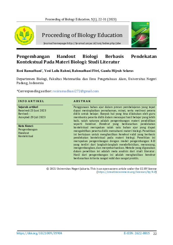 (PDF) Pengembangan Handout Biologi Berbasis Pendekatan Kontekstual Pada Materi Biologi: Studi ...