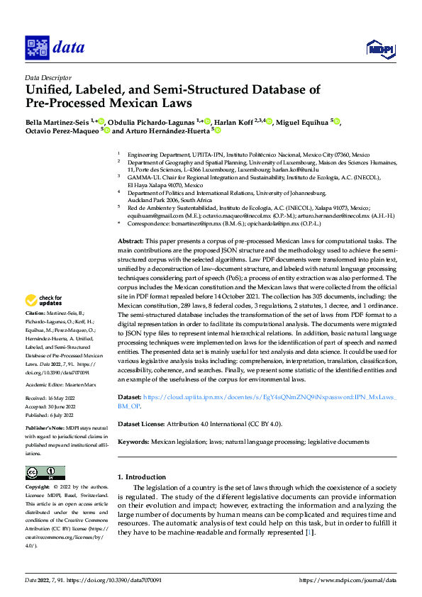 (PDF) Unified, Labeled, and Semi-Structured Database of Pre-Processed Mexican Laws