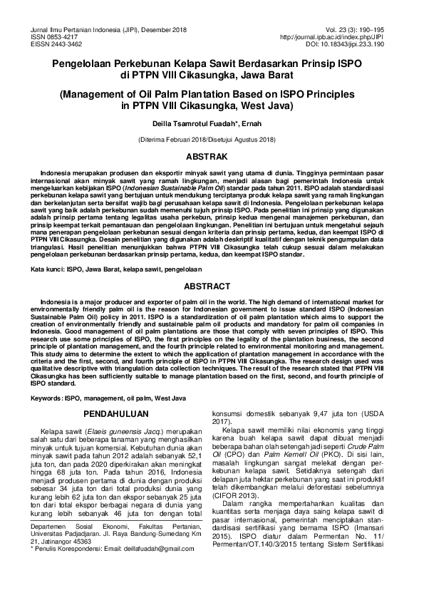 (PDF) Management of Oil Palm Plantation Based on ISPO Principles in ...