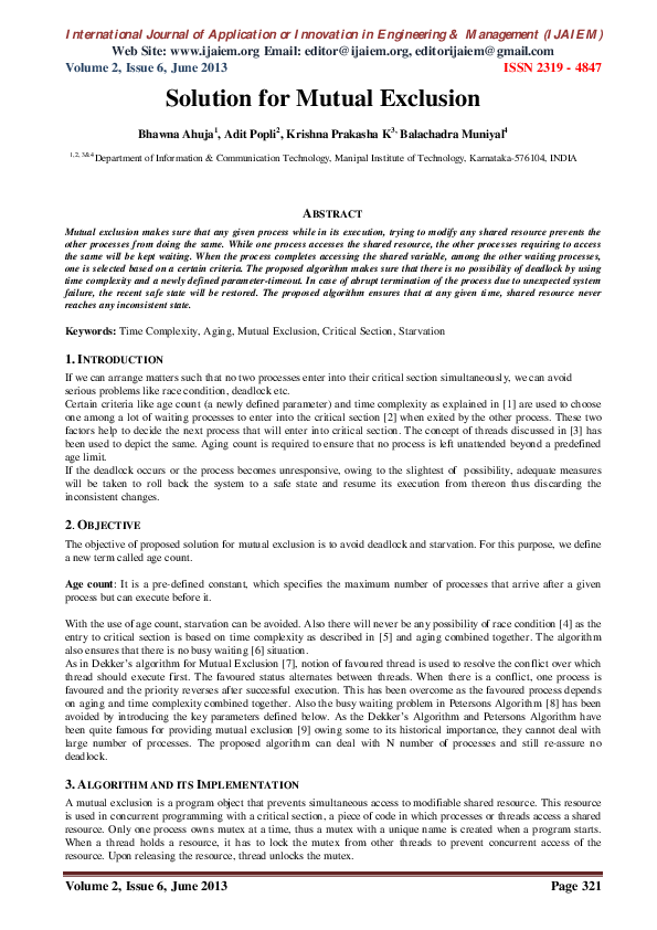 (PDF) Solution for Mutual Exclusion | Balachandra Muniyal - Academia.edu