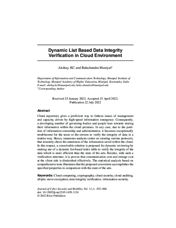 Pdf Dynamic List Based Data Integrity Verification In Cloud Environment