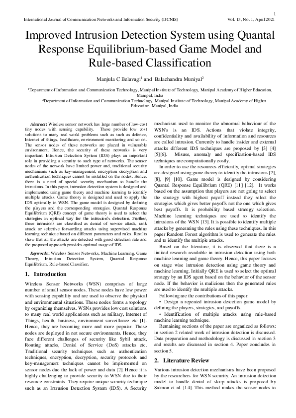 Pdf Improved Intrusion Detection System Using Quantal Response