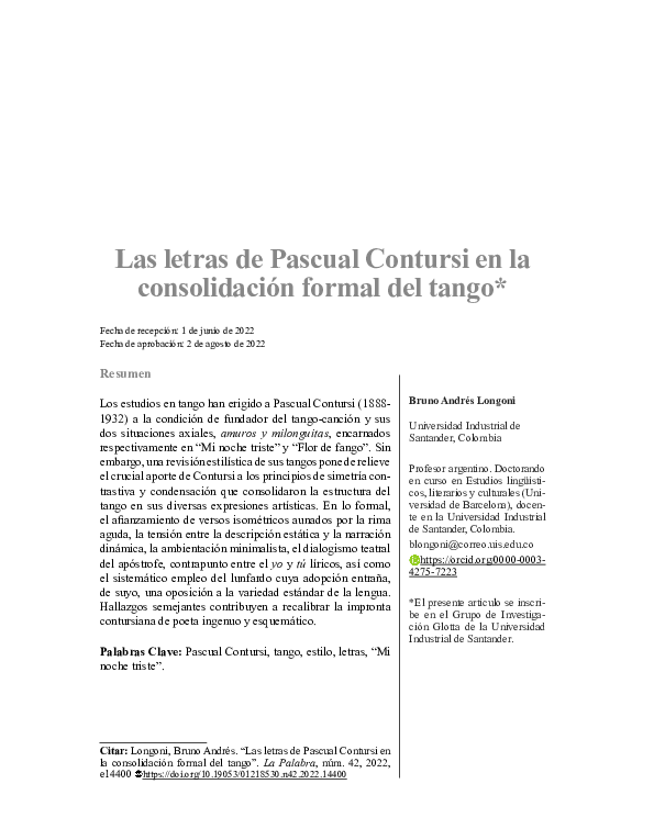 (PDF) Las letras de Pascual Contursi en la consolidación formal del tango