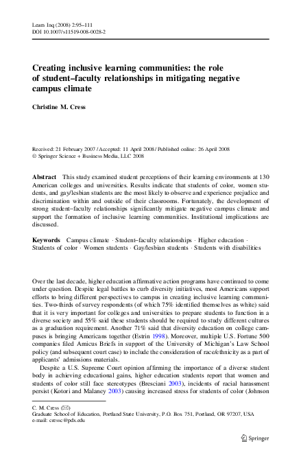 (PDF) Creating inclusive learning communities: the role of student ...