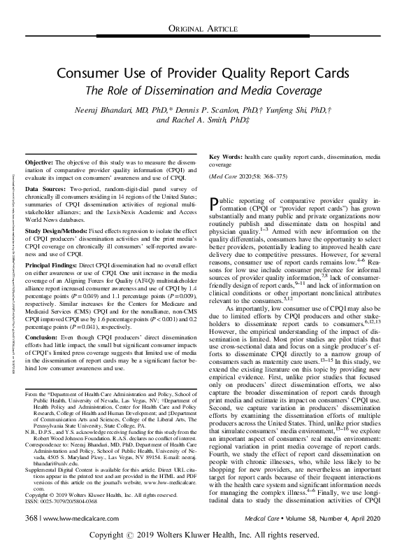 (PDF) Consumer Use of Provider Quality Report Cards