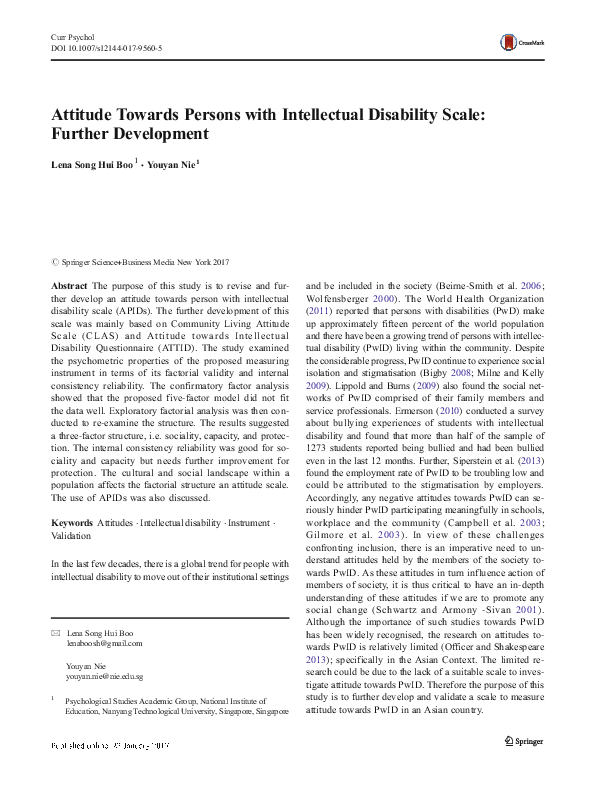 (PDF) Attitude Towards Persons with Intellectual Disability Scale
