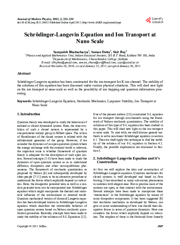 (PDF) Schrodinger-Langevin Equation and Ion Transport at Nano Scale