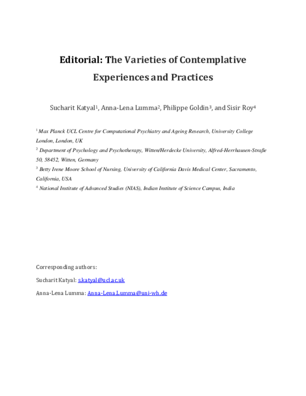 (PDF) Editorial: The Varieties of Contemplative Experiences and Practices