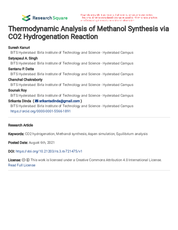 (PDF) Thermodynamic Analysis of Methanol Synthesis via CO2 Hydrogenation Reaction