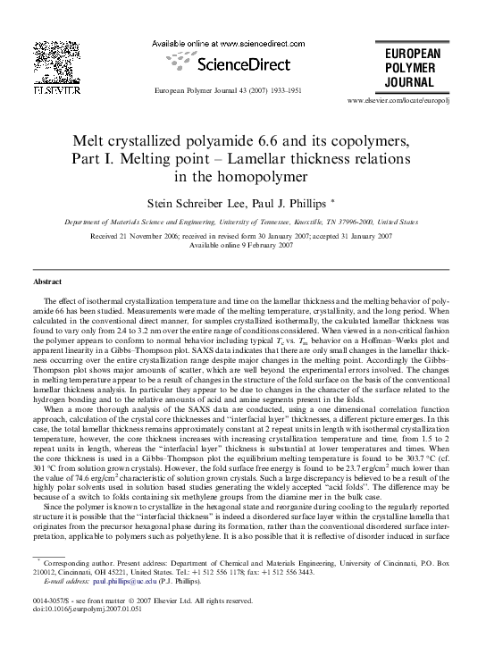 (PDF) Melt crystallized polyamide 6.6 and its copolymers, Part II ...
