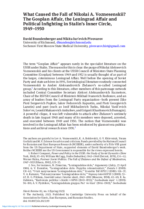 (PDF) [2023] What Caused the Fall of Nikolai A. Voznesenskii? The ...