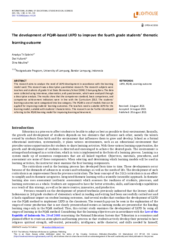 (PDF) The development of PQ4R-based LKPD to improve the fourth grade students’ thematic learning ...