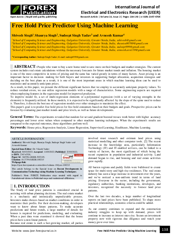 (PDF) Free Hold Price Predictor Using Machine Learning