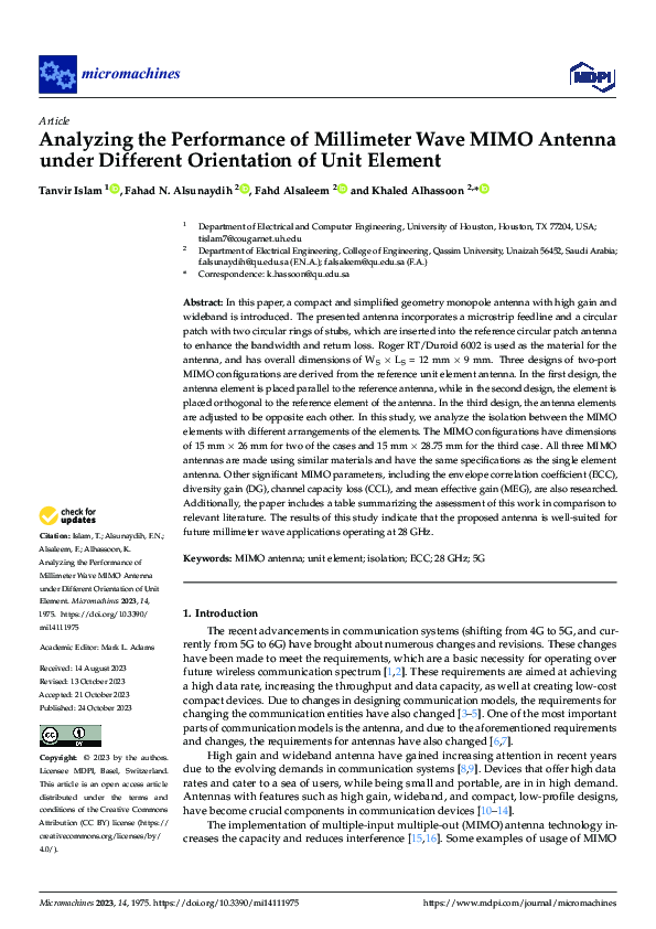 Pdf Analyzing The Performance Of Millimeter Wave Mimo Antenna Under Different Orientation Of