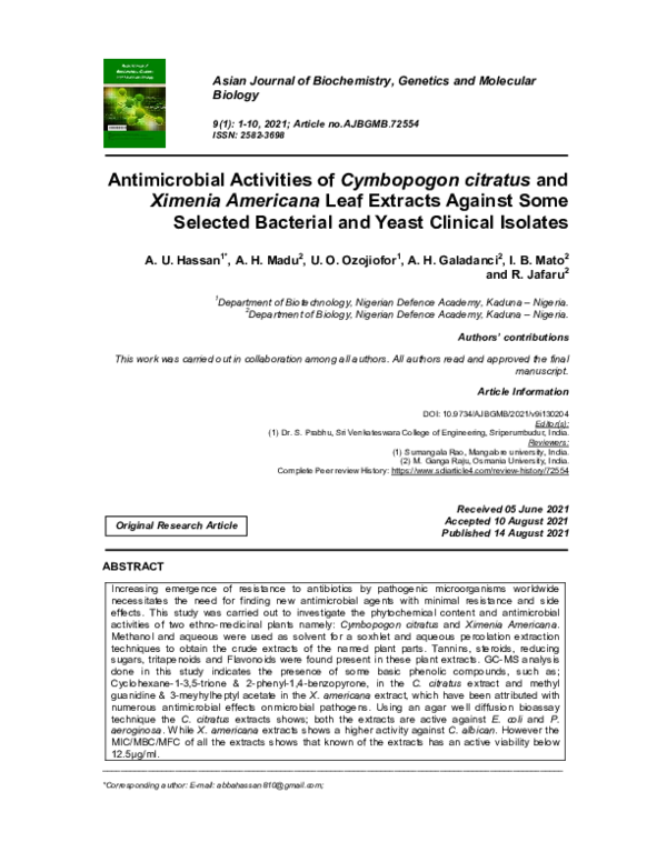 (PDF) Antimicrobial Activities of Cymbopogon citratus and Ximenia Americana Leaf Extracts ...