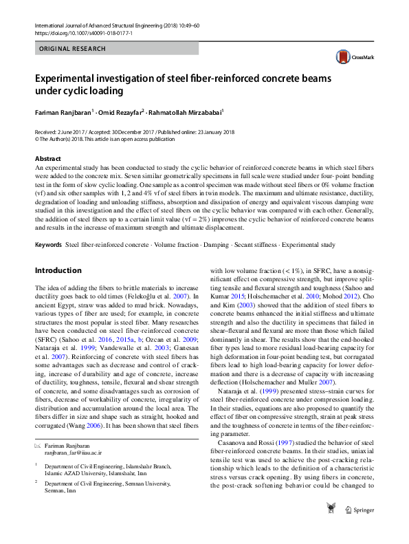 Pdf Experimental Investigation Of Steel Fiber Reinforced Concrete Beams Under Cyclic Loading
