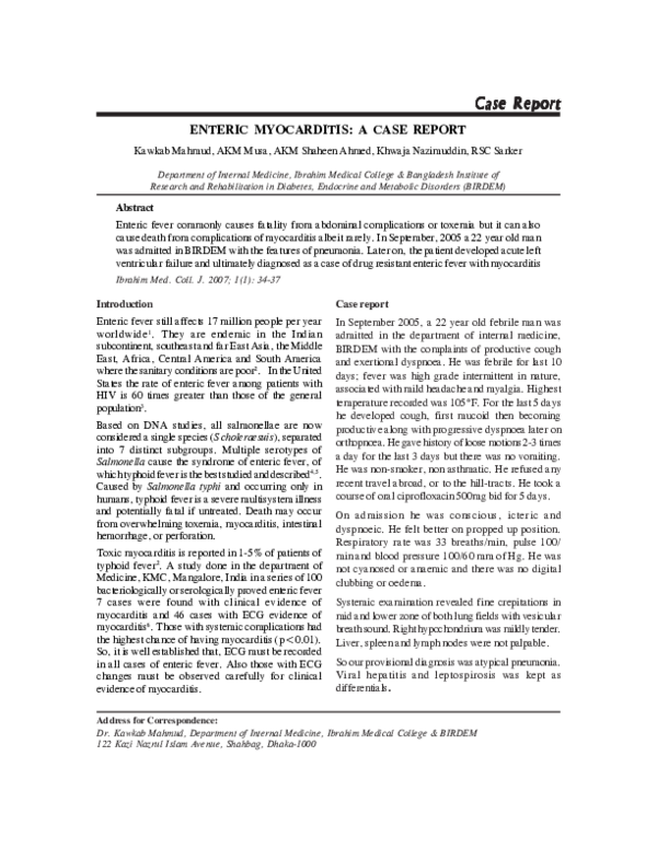 Pdf Enteric Myocarditis A Case Report Khwaja Nazimuddin