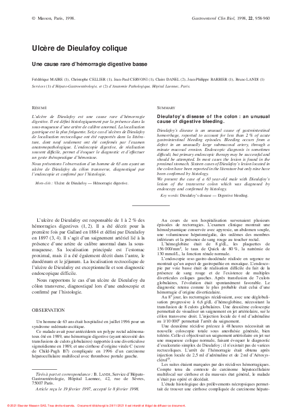 (PDF) [Dieulafoy colonic ulcer. A rare cause of lower gastrointestinal ...