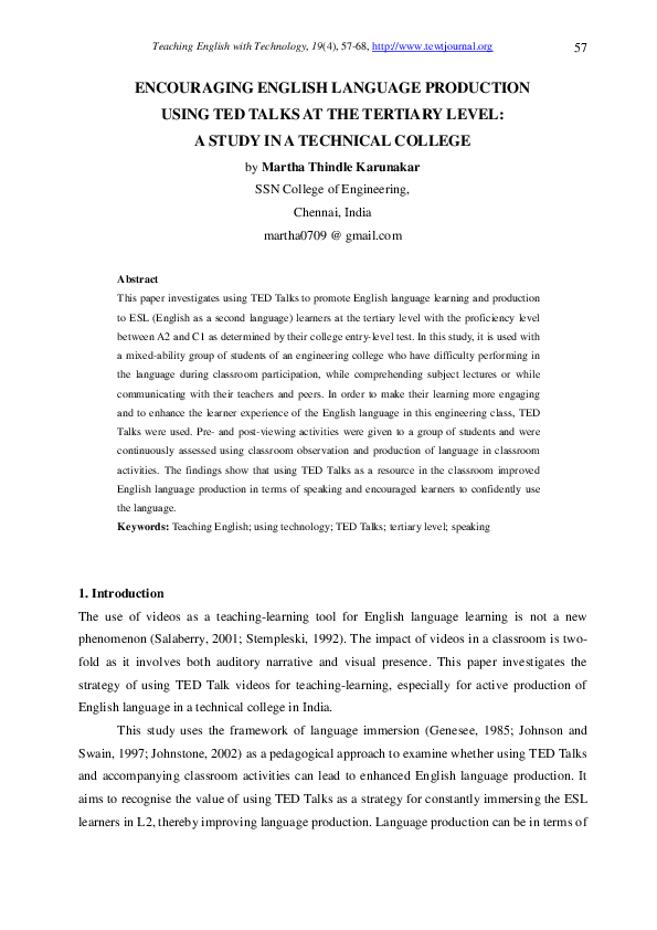 (PDF) Encouraging English Language Production Using TED Talks at the ...