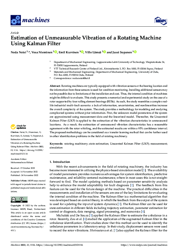 (PDF) Estimation of Unmeasurable Vibration of a Rotating Machine Using Kalman Filter | Jussi ...