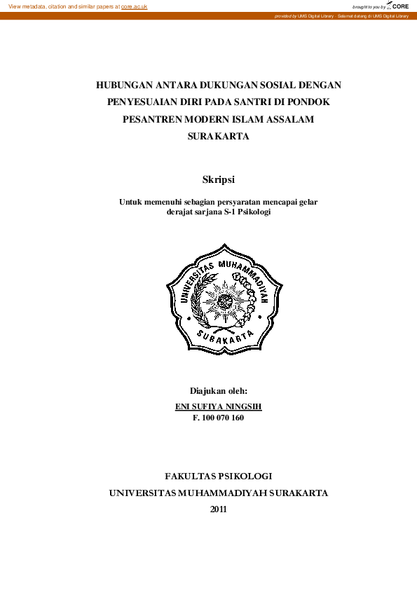 (PDF) Hubungan Antara Dukungan Sosial Dengan Penyesuaian Diri Pada Santri Di Pondok Pesantren ...