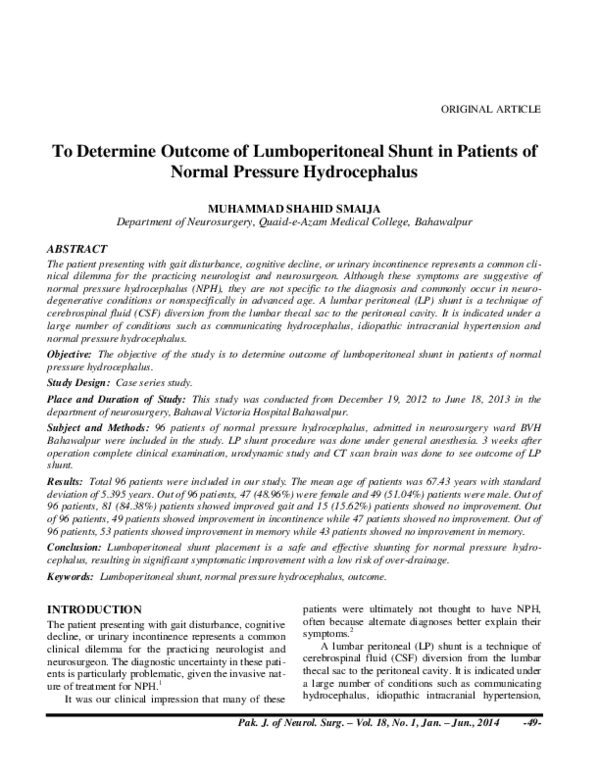 (PDF) To Determine Outcome of Lumboperitoneal Shunt in Patients of Normal Pressure Hydrocephalus ...