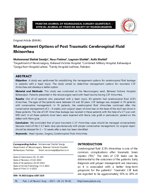 (PDF) Management options for Post Traumatic CSF Rhinorrhea | Shahid ...