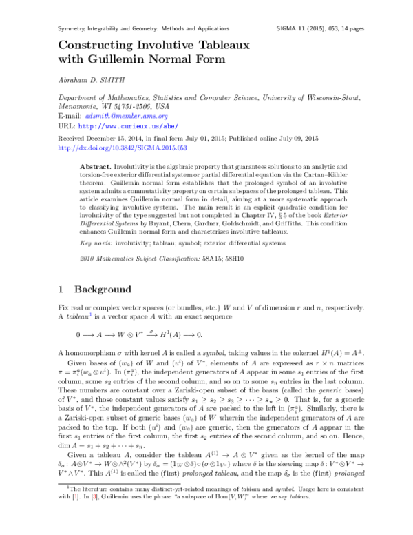 (PDF) Constructing Involutive Tableaux with Guillemin Normal Form