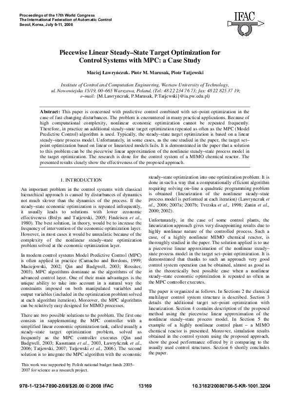(PDF) Piecewise Linear Steady–State Target Optimization for Control Systems with MPC: a Case Study