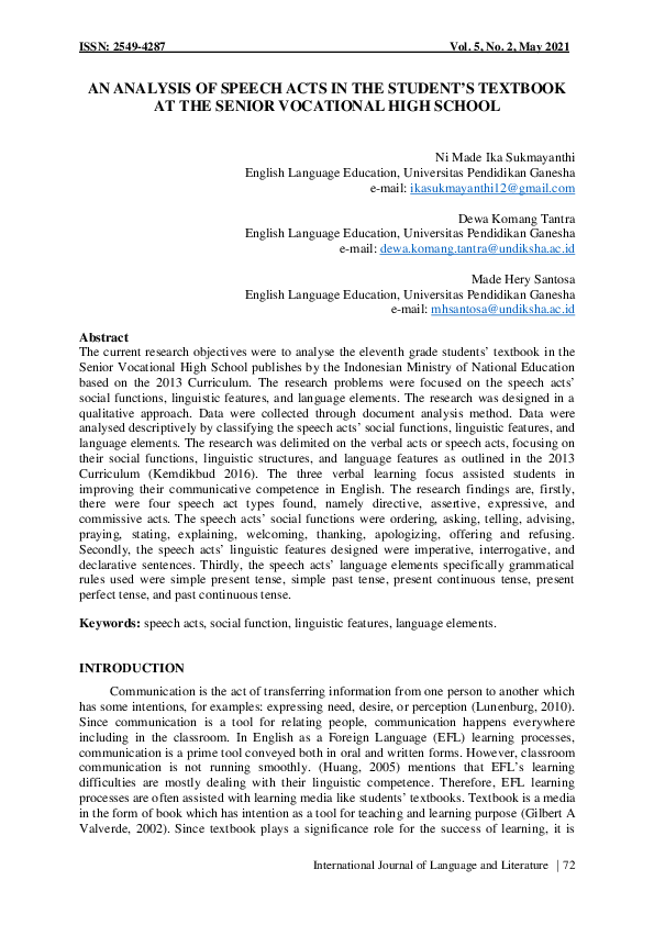 (PDF) An Analysis of Speech Acts in the Student’s Textbook at the Senior Vocational High School
