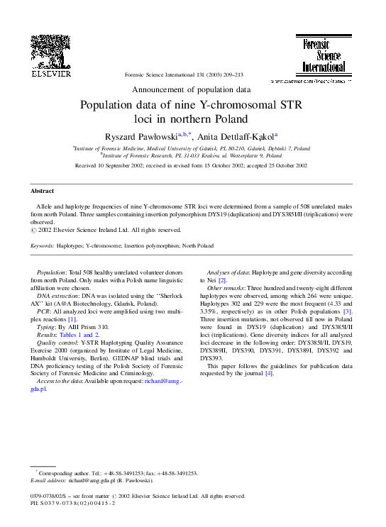 (PDF) Population data of nine Y-chromosomal STR loci in northern Poland