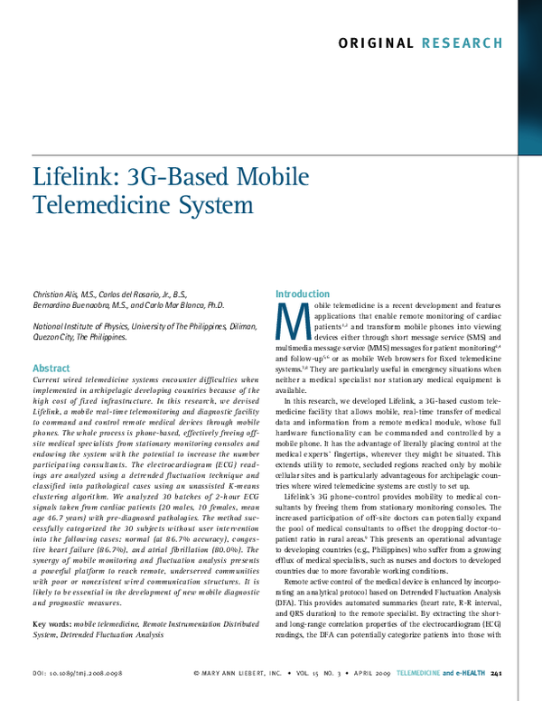 (PDF) Lifelink: 3G-Based Mobile Telemedicine System | Bernardino J ...