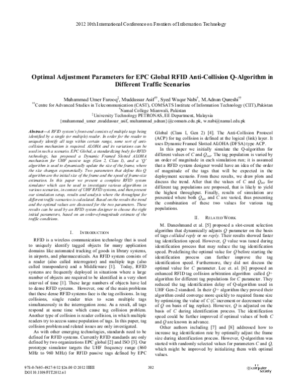 (PDF) Optimal Adjustment Parameters for EPC Global RFID Anti-collision Q-Algorithm in Different ...