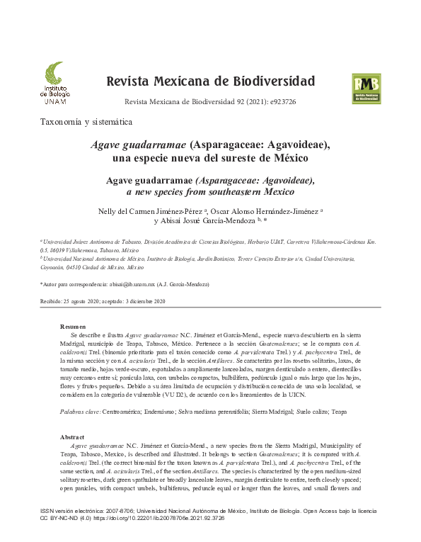(PDF) Agave guadarramae (Asparagaceae: Agavoideae), una especie nueva ...