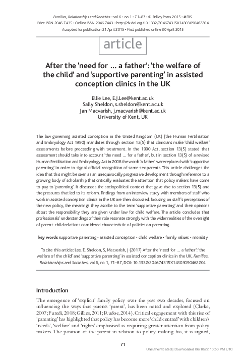 (PDF) After the ‘need for … a father’: ‘the welfare of the child’ and ...