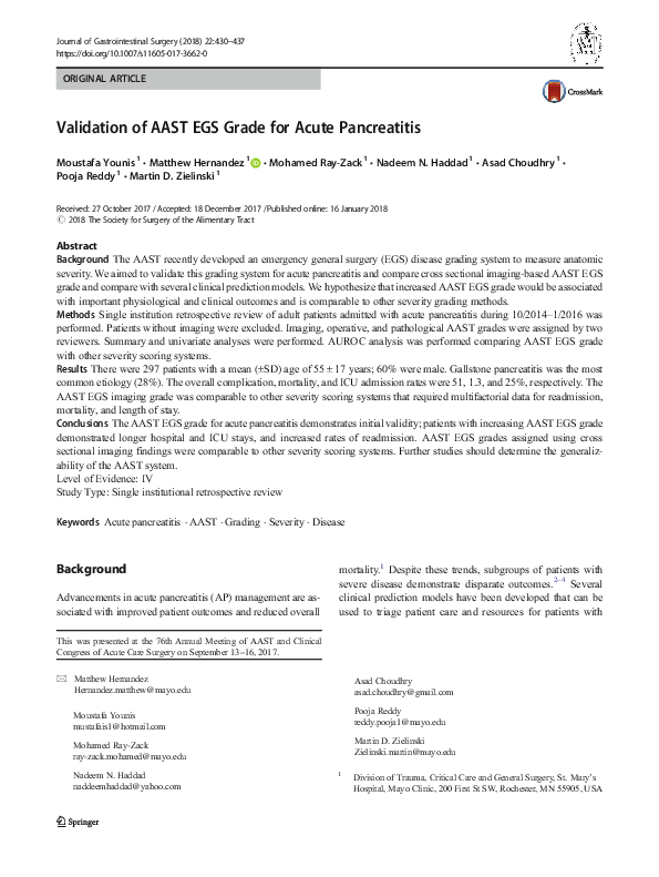 (PDF) Validation of AAST EGS Grade for Acute Pancreatitis