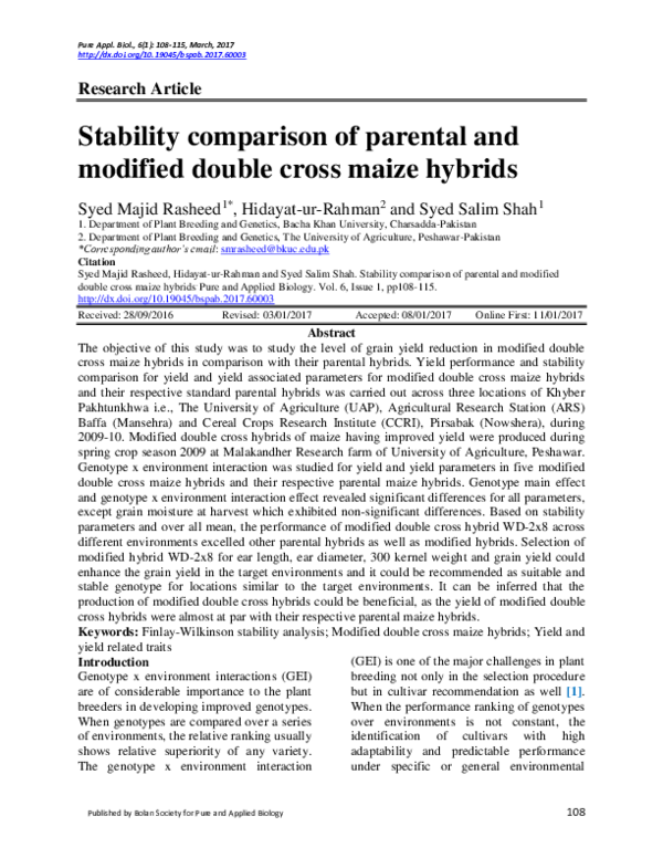 (PDF) Stability comparison of parental and modified double cross maize hybrids