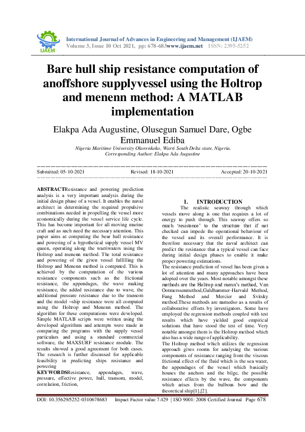 (PDF) Bare hull ship resistance computation of anoffshore supplyvessel using the Holtrop and ...