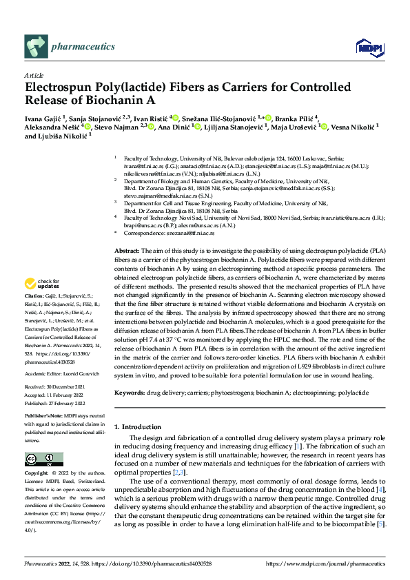 (PDF) Electrospun PLA Fibers for Controlled Biochanin A Release