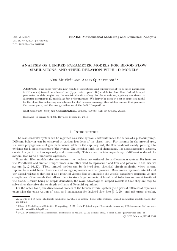 (PDF) Analysis of lumped parameter models for blood flow simulations and their relation with 1D ...