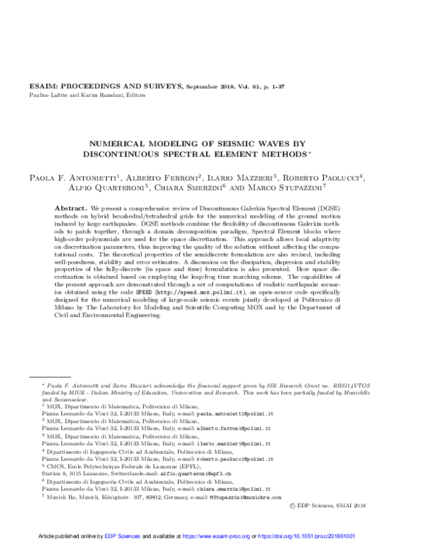 Pdf Numerical Modeling Of Seismic Waves By Discontinuous Spectral Element Methods Alfio