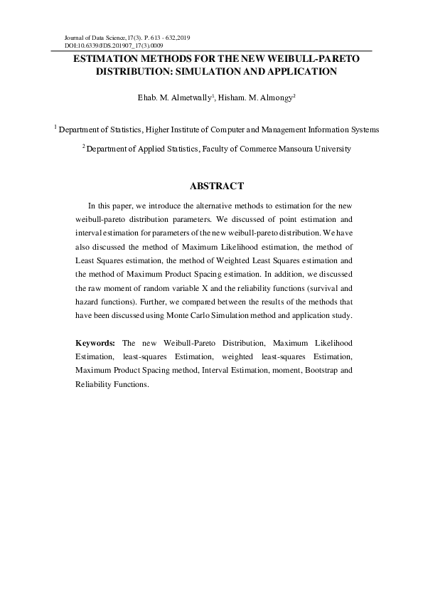 (PDF) Estimation Methods for the New Weibull-Pareto Distribution: Simulation and Application