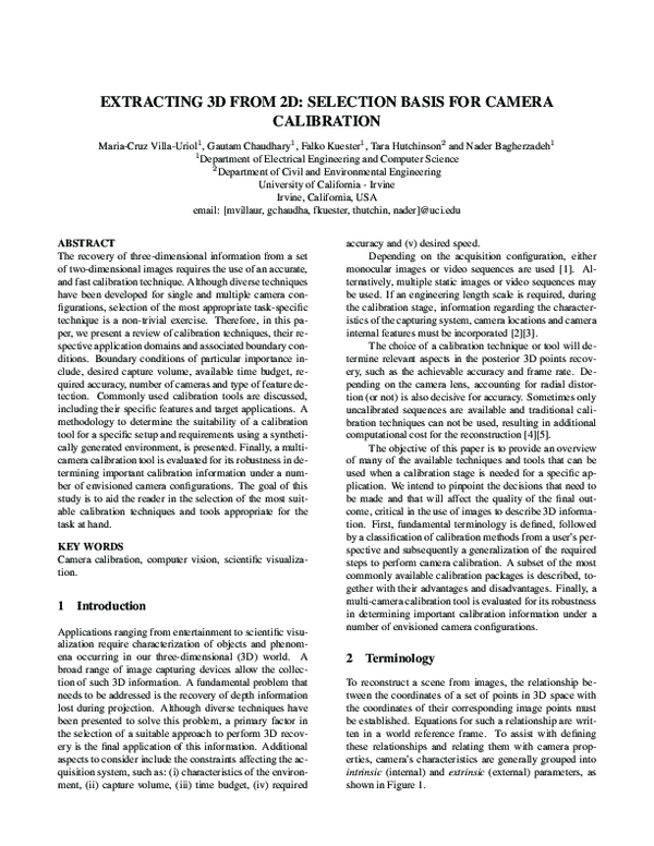 (PDF) Extracting 3D from 2D: selection basis for camera calibration