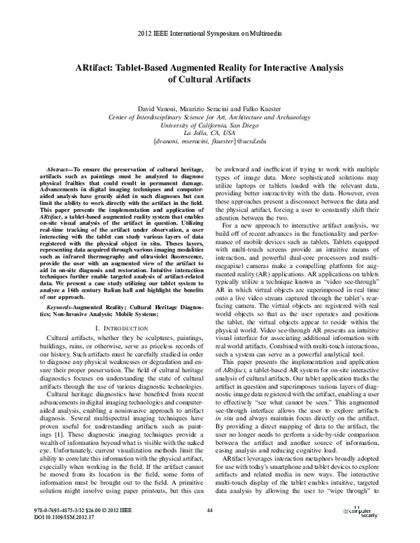 (PDF) ARtifact: Tablet-Based Augmented Reality for Interactive Analysis of Cultural Artifacts