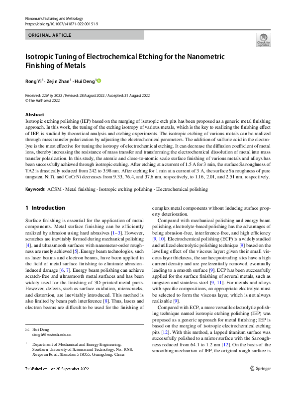 (PDF) Isotropic Tuning of Electrochemical Etching for the Nanometric Finishing of Metals