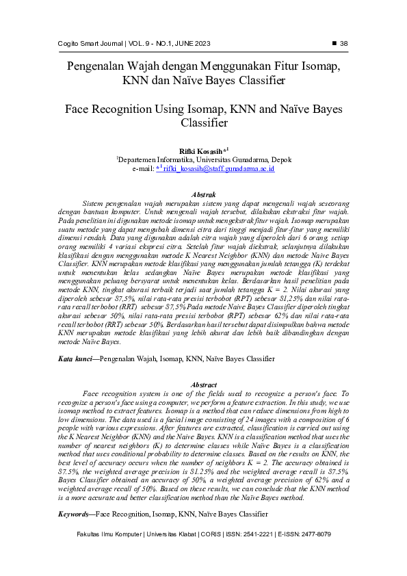 Pdf Pengenalan Wajah Dengan Menggunakan Fitur Isomap Knn Dan Naïve Bayes Classifier Face