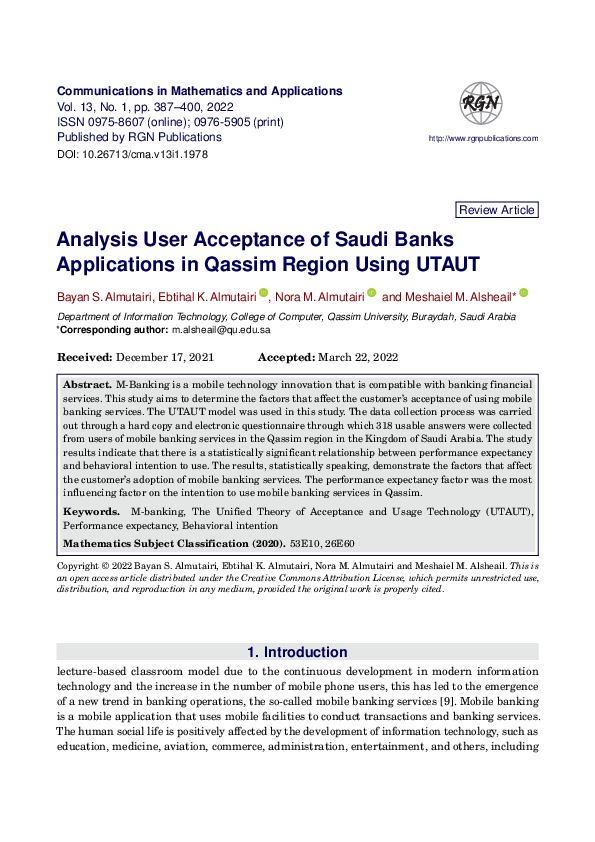 (PDF) Analysis User Acceptance of Saudi Banks Applications in Qassim Region Using UTAUT ...